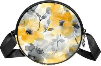 Generic Petit sac &agrave; bandouli&egrave;re circulaire pour femme, motif feuilles florales, sac &agrave; dos avec fermeture &eacute;clair, bretelles r&eacute;glables, sac &agrave; main rond d&eacute;contra