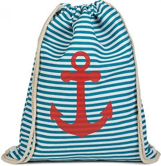 styleBREAKER sac de gym &agrave; dos style nautique avec rayures et motif dancre, sac de sport, unisexe 02012052, couleur:P&eacute;trole-Blanc/Rouge