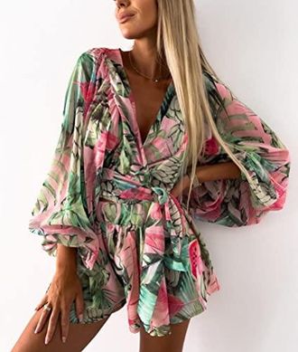 Onsoyours Combinaisons Femme D&Eacute;t&eacute; Combishort Chic Femme Manches Longues Boho Imprimee Jumpsuit Romper Sexy Chic &Eacute;l&eacute;gant Plage Combishort Vert L