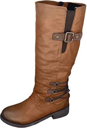 Minetom Bottes Femmes Bottes Hautes Automne Hiver Plates Cuir Synth&eacute;tique Chaussures Bottes &Agrave; Talon Plat Fermeture &Eacute;clair Combat Bottes Motard (A Marron, Nume