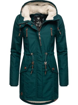 Ragwear Damen Mantel lange warme Winterjacke mit Teddyfell-Kapuze Elsie Intl Dark Green22 Gr. XXL