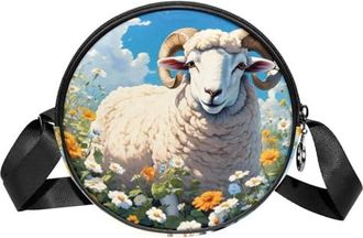 Generic Sac &agrave; bandouli&egrave;re rond pour femme, motif fleur de mouton, petit sac &agrave; bandouli&egrave;re avec fermeture &eacute;clair, bretelles r&eacute;glables, sac &agrave; main rond d&eacute;contra