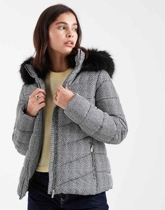 New Look Gemusterte Ski-Pufferjacke in Schwarz