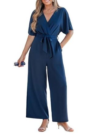 Cupshe Combinaison d&eacute;t&eacute; pour femme - Col en V - Manches courtes - Jambe large - Tenue d&eacute;contract&eacute;e - Pour la plage et les vacances, bleu marine, L