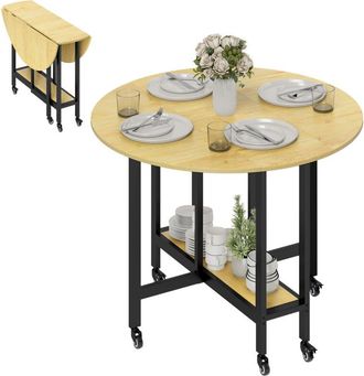 HOMCOM Table &agrave; manger pliante - HOMCOM - pour 4 personnes - 6 roulettes - &eacute;tag&egrave;re int&eacute;gr&eacute;e - panneau de particules - 100x100x75cm - ch&ecirc;ne