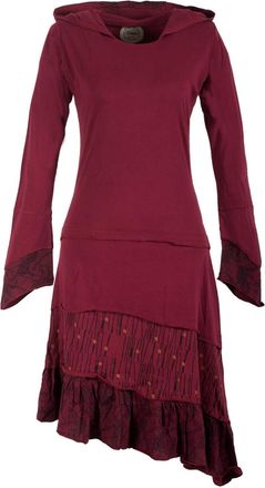 vishes Alternative Bekleidung - Lagenlook Langarm Patchwork Elfenkleid mit Zipfelkapuze und R&uuml;schen dunkelrot 40