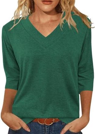 Minetom Femme T-Shirt &agrave; Manches 3/4 Col en V Tee Shirt Coupe Classique Ample L&eacute;ger Printemps &eacute;t&eacute; Automne Basic Top A Vert S