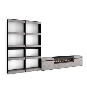 Skraut Home | Wohnwand Wohnzimmer | Wohnzimmerm&ouml;bel, M&ouml;belset | 320x186x35cm | F&uuml;r TV-Ger&auml;te bis zu 80 | Elektrokamin. | Moderner Stil | Zement