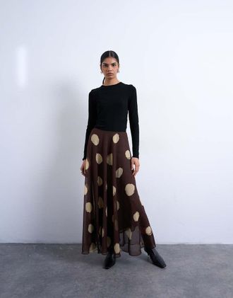 Topshop Jupe &agrave; pois longue et &eacute;vas&eacute;e en mousseline - Chocolat-Brown