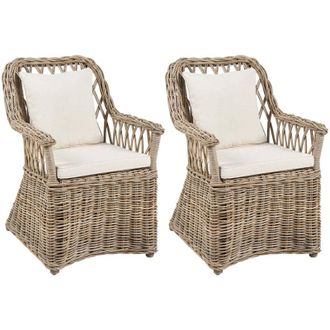 Beliani Lot de 2 Chaises de Jardin en Rotin Naturel Int&eacute;rieur Ext&eacute;rieur Coussins Beige Clair Maros II