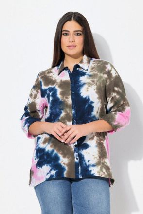 Ulla Popken Longbluse Musselin-Bluse Batikdruck Hemdkragen 3/4-Arm