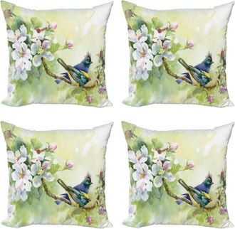 Abakuhaus Blumen Kissenbezug Set (4 St&uuml;ck), Aquarell V&ouml;gel Fr&uuml;hling, moderner doppelseitiger Digitaldruck, 40 cm, Gelb und Gr&uuml;n Reseda