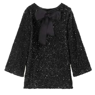 Generic Robe portefeuille &agrave; paillettes pour femme UK - Robes de f&ecirc;te pour femmes UK &eacute;l&eacute;gant col rond paillettes manches longues noeud d&eacute;coration mini robe amp