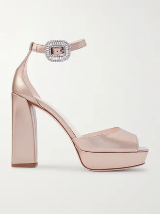 Roger Vivier Sandales Plates-formes En Cuir M&eacute;tallis&eacute; &Agrave; Cristaux Strass 120 - Dor&eacute;