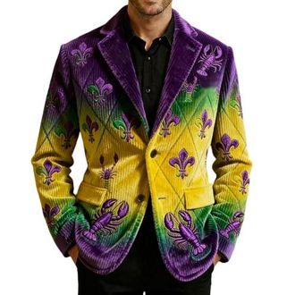 Generic Veste de costume pour homme en velours c&ocirc;tel&eacute; imprim&eacute; multicolore - Costume de carnaval - Motif Mardi Gras - Blazer - Tenue de f&ecirc;te - Vintage - Veste 