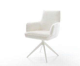 DELIFE Drehstuhl Heira-Flex mit Armlehnen Boucl&eacute; Soft Beige Kreuzgestell breit Wei&szlig; 360&deg; drehbar Wippfunktion Taschenfederkern, Esszimmerst&uuml;hle