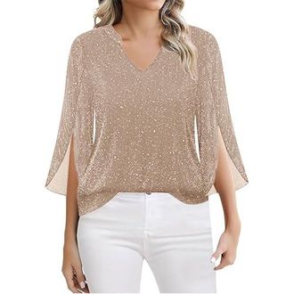 Generic Hauts scintillants pour femmes, manches 3/4, chemises &agrave; paillettes &agrave; col en V, &eacute;l&eacute;gantes, chemisiers &agrave; volants, pulls pour femmes, chemises pliss&eacute;es a