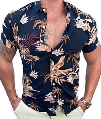 Onsoyours Hommes Chemise à Manches Courtes Slim Fit Grande Taille Hawaiian Shirt Fleurs Casual Ete Aloha Imprimé Chemise De Plage A Marron XL