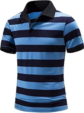 OverDose Homme T-Shirt Moulant Rayures, Été Casual Manches Courte Top Pullover Col V Slim Fit Blouse (XXL, Bleu)