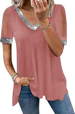 Onsoyours Tee Shirt Femme Ete Chic et Élégant Manche Courte Chemise Épaule Froid Blouse Haut De Couleur Unie Tops Décontractés avec Paillettes Rose XXL