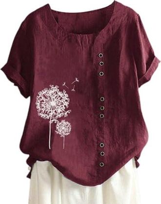 Generic Chemisier habillé décontracté en coton et lin à manches courtes et col rond pour femme, A3 rouge, Taille 3XL