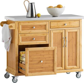 SoBuy Kücheninsel auf Rollen Servierwagen mit Rollen Küchenwagen mit Edelstahl-Arbeitsplatte Rollwagen mit Schubladen Barwagen für Küche, Esszimmer, Frühstü