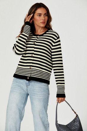 FS Collection Cardigan Damen Strickjacke Cardigan Schwarz-Wei&szlig; mit Geomuster - Strickwaren (Einheitsgr&ouml;&szlig;e UK 8-16 / EU 36-44) 56 % Viskose, 26 % Polyester, 18 % Wol