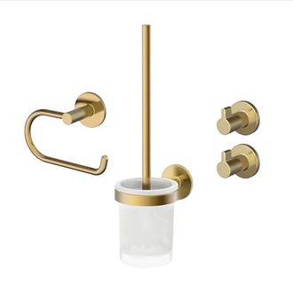 Lenz Juna 4190041 Ensemble daccessoires de Salle de Bain en Or - 4 pi&egrave;ces - Porte-Papier Toilette, Brosse WC et Deux Crochets pour Serviettes - &Agrave; Coller ou