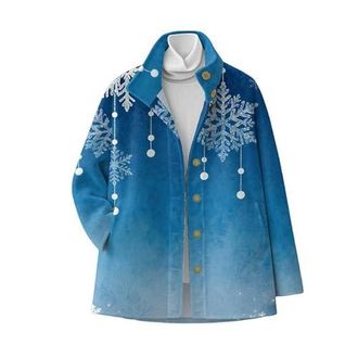 Keephen Snowflake 3D Impression Flou Polaire Manteau Femmes Grande Taille Léger Veste Hiver Revers Col Bouton Vêtement extérieur