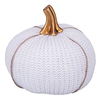 Villa D'Este Home Tivoli Dekorativer wei&szlig;er K&uuml;rbis aus Stoff, Wollgarn-Optik, goldfarben, &Oslash;18 x H 21 cm, Medium