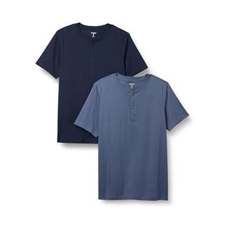 Amazon Essentials Henley en Coton Coupe Classique à Manches Courtes Homme, Lot de 2, Bleu Jean/Bleu Marine, XXL