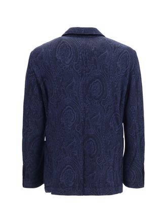 Etro Mens Single-Breasted Arnica Jacquard Wool-Blend Jacket Blu