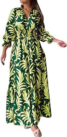 Generic Robes boh&egrave;me 2026 pour femmes avec col en V et manches longues imprim&eacute;es, pull &agrave; la taille, Vert, M