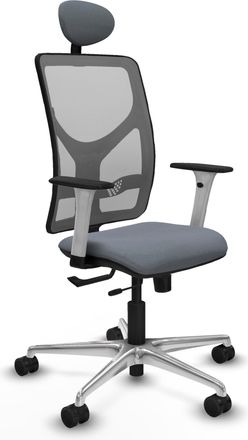 Piqueras y Crespo Schreibtischstuhl aus grauem Netzstoff, mit wei&szlig;en und schwarzen Armlehnen, h&ouml;henverstellbare Lendenwirbelst&uuml;tze und festes Kopfteil, ausgestattet mit
