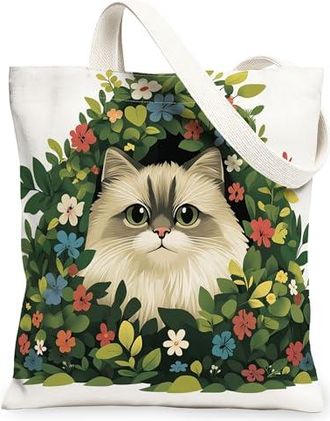 Generic Sac fourre-tout en toile motif chat sib&eacute;rien printanier, 33 x 38,1 cm, sac d&eacute;picerie r&eacute;utilisable pour femme, joli motif de feuille danimal domestique