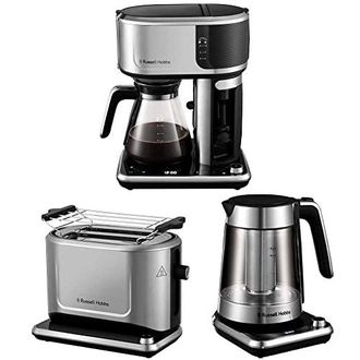 Russell Hobbs Set Petit-d&eacute;jeuner Cafeti&egrave;re (1,25 L et 1400 W ) + Bouilloire (en verre de 1,7 L et 2400 W) + Grille pain (Fentes extra larges) Attentive
