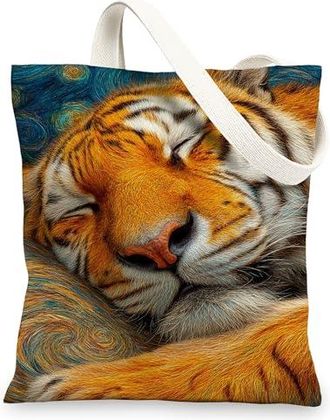 Generic Sacs fourre-tout en toile motif animal artistique, sacs dépicerie réutilisables, légers et lavables avec bandoulière, Orange, 13x15 Inch