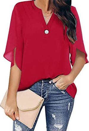 Generic Chemisier habill&eacute; &agrave; col en V et &agrave; manches courtes pour femme - Couleur unie - Style d&eacute;contract&eacute;, Rouge, L