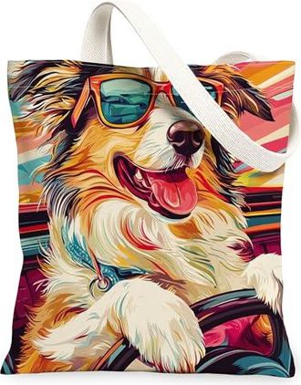 Generic Rough Collie Sac fourre-tout en toile r&eacute;utilisable pour faire du shopping 33 x 38,1 cm, motif chiot pop esth&eacute;tique, sac d&eacute;picerie r&eacute;utilisable pour fe
