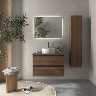 Cygnus Bath Meuble de salle de bain BEQUIA METAL 80cm Noyer Vasque &agrave; poser Porcelaine Centrale