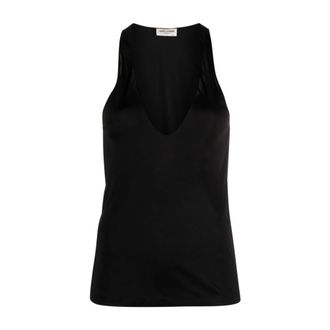 Saint Laurent Schwarzes- halbtransparentes Jersey U-Ausschnitt Top - - Tops - Damen - Schwarzk - M