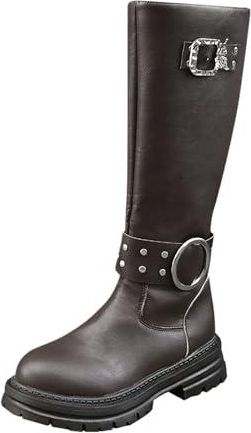 Generic Bottes montantes au genou pour femme - Large mollet - Bout rond - &Eacute;l&eacute;gantes - Couleur unie - Talon bas et &eacute;pais - Boucle - Fermeture &eacute;clair lat&eacute;rale -