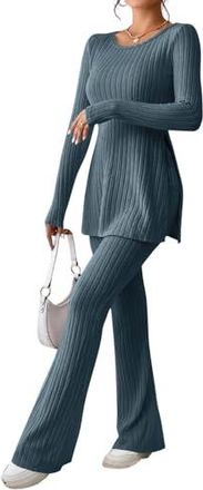 TOMWELL Survetement Femme 2 Pièces Ensemble Manches Longue Décontracté Loungewear Sportswear Pull Tricoté Deux Pièces A Bleu L