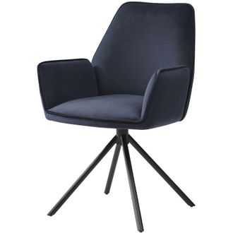 Hhg Esszimmerstuhl HHG 851, K&uuml;chenstuhl Stuhl mit Armlehne, drehbar Auto-Position, Samt mvg anthrazit-blau, Beine schwarz