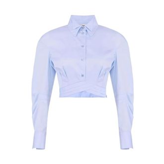 Elisabetta Franchi Femme, Blouses et Chemises, Bleu, Taille: 40 FR Chemise en popeline de coton avec ceinture