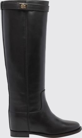 Via Roma 15 Kniehohe Glattleder-Keilstiefel mit Riemendetails