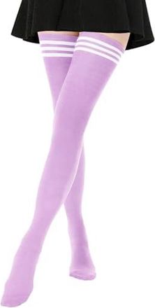 Dreshow AQOKKA Chaussettes mi-cuisses extra longues pour femme - Ray&eacute;es au-dessus du genou - Chaussettes longues, 1 paire extra longue : violet clair avec ray
