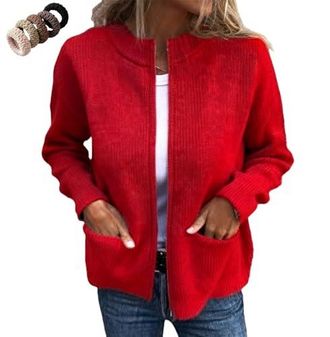 Generic Cardigan en tricot à fermeture éclair pour femme, automne et hiver, pull dextérieur à manches longues avec poches, décontracté, ample, solide et à fer