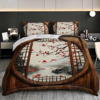Generic Housse de Couette 220x240 Paravent Chinois Parure de Lit 2 Personnes Asie de lest Imprim&eacute;e 3D Microfibre Literie Set 3 Pi&egrave;ces avec Housses Couettes et