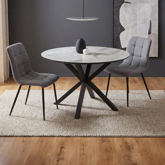 Homestyle4u Essgruppe 3er-Set, Runder Tisch 110 cm & 2 graue Polsterst&uuml;hle, modernes Esszimmer- & K&uuml;chenset mit Metallgestell, 3084